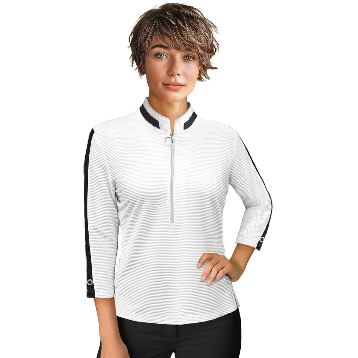 Jamie Sadock- 3/4 Sleeve Mock Neck Top Sugar w/ Jet Trim - For the